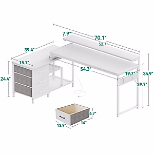 AODK 70 Inch L Shaped Computer Desk with Power Outlets & USB Charging Ports, Reversible L-Shaped Corner Desk with Drawers & Monitor Stand, Home Office Workstation with Storage Cabinet, White
