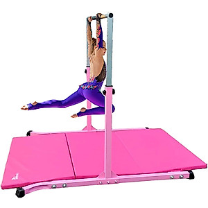 Athletic Bar Expandable Gymnastics Kip Bar Set with Balance Beam, 6'x4' Mat for Kids, Horizontal Bar Junior Gymnastic Training Exercise Gymnast Home Gym Adjustable 3 to 5 FT Fiberglass Rail (Pink)