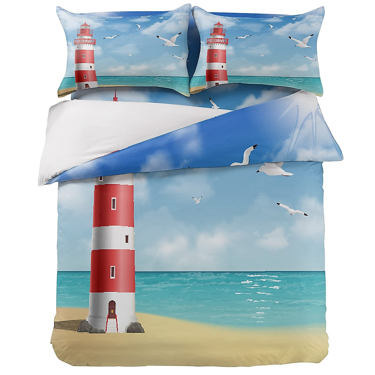 California King Duvet Covers Set Summer Ocean Beach Red Lighthouse 4 Pcs Bedding Sets Brushed Microfiber Quilt Covers Lightweight Cozy Flat Sheet with 2 Pillowcases Animal Seagulls Seascape Blue Sky