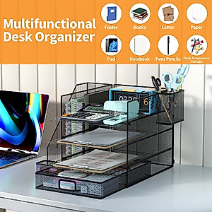 Desk Organizer, File Organizer for Desk with Vertical File Folder Holders, 4-Tier Paper Letter Tray with Sliding Drawer and Pen Holder, Desk Accessories & Workspace Organizers for Office School Home