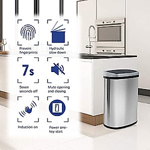 HHS 13 Gallon Kitchen Trash Can Stainless Steel Garbage Bin with Lid Automatic Touch Free High-Capacity Waste Bin Metal Soft-Close Garbage Can for Home Office Bedroom, Silver