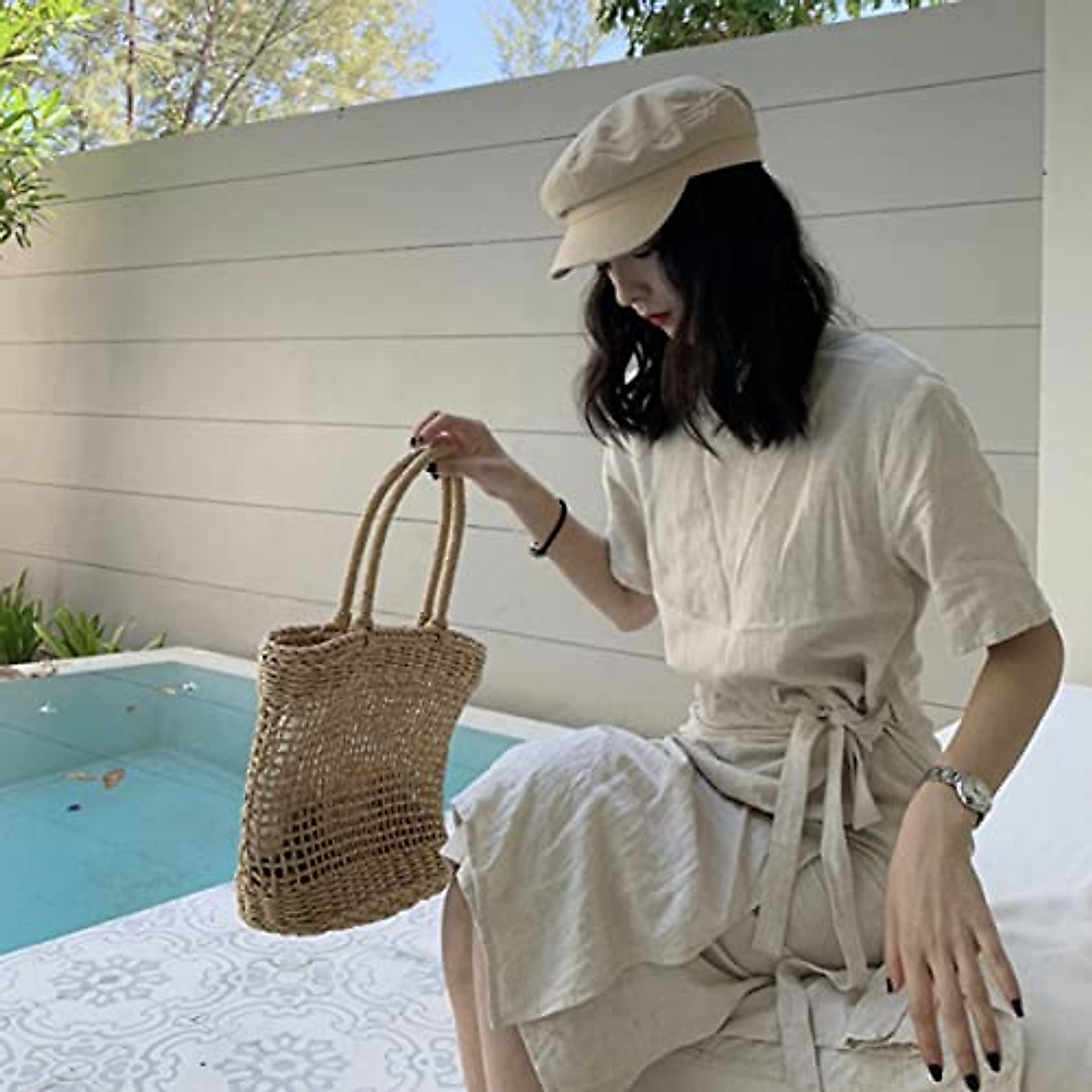 SHERCHPRY Bag for Handbag Women Summer Sea Hand-woven Travel Basket Straw Beach Vacation Woven Fashion Tote Bags Hollow-out Top-handle Clutch Rattan Khaki