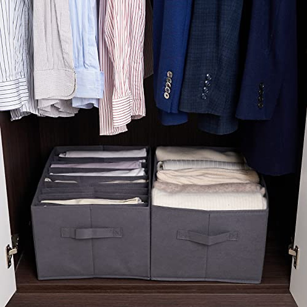 BIGLUFU 6 Packs Wardrobe Clothes Organizer for Folded Clothes, 7 Grids Foldable Dresser Closet Organizers and Storage, Drawer Organizers for Clothing with Handles for Jeans, Sweater, Dress, Grey