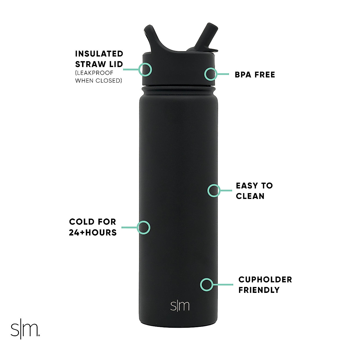 Simple Modern Water Bottle with Straw Lid Vacuum Insulated Stainless Steel Metal Thermos Bottles | Reusable Leak Proof BPA-Free Flask for Gym Sports | Summit Collection | 22oz, Midnight Black