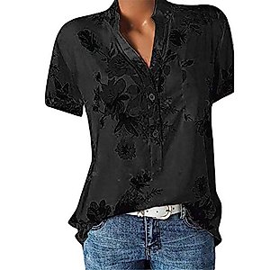 Andongnywell Women's Fashion Floral Printed Top Summer V Neck Short Sleeve Flowy Shirts Blouse Tunics (Black,7,4X-Large)