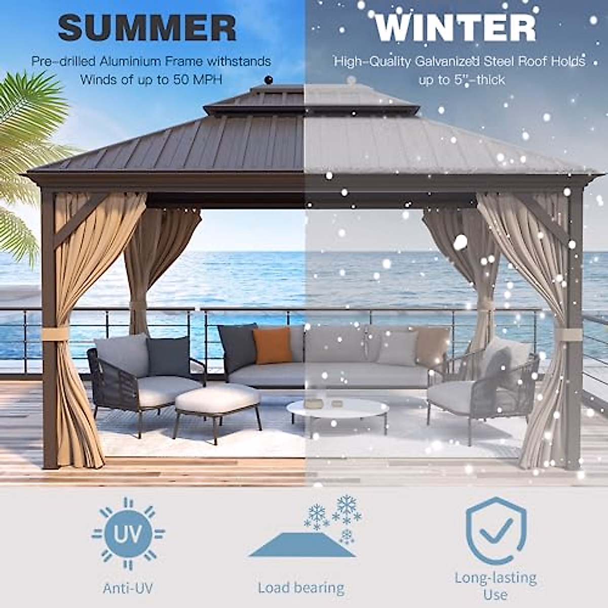 MELLCOM 12' x 14' Hardtop Gazebo, Brown Permanent Pavilion Gazebo with Curtains and Netting, Galvanized Steel Metal Double Roof Aluminum Gazebo with Aluminum Frame for Patio, Lawn & Garden