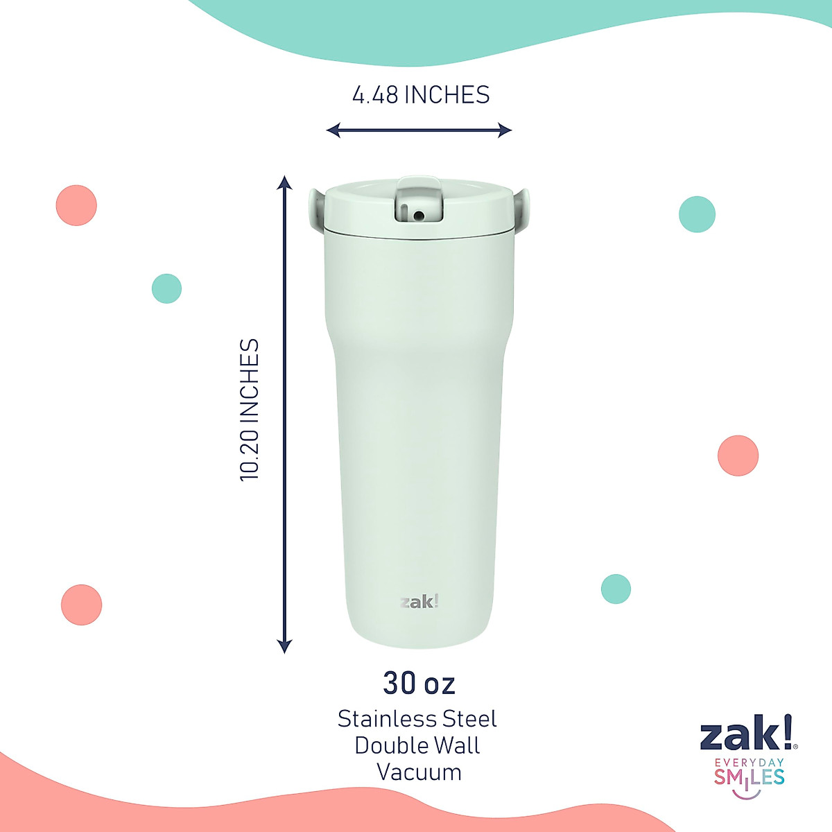 Zak Designs Sutton Travel Tumbler for On the Go, 30oz Stainless Steel with Vacuum Insulation, Straw Spout, Carry Handle for Cold Drinks (Icicle Mint Green)