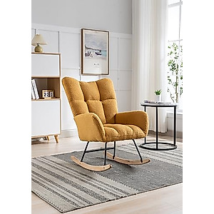 Tiophome Rocking Nursery, Upholstered Glider Rocker Accent Chairs Padded Seat with High Backrest, Comfy Side Armchair for Nursing, Living Room, Bedroom, Office,Teddy Velvet, Turmeric, Extra Large