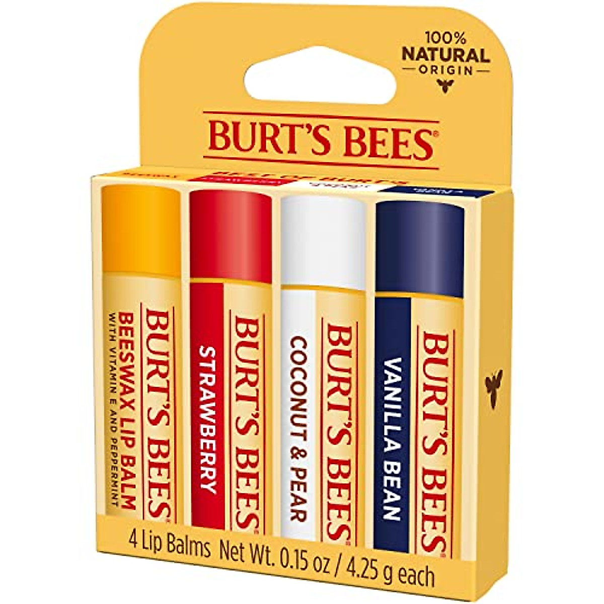 Burt's Bees Lip Balm Easter Basket Stuffers, Moisturizing Lip Care Spring Gift, for All Day Hydration, 100% Natural, Original Beeswax, Strawberry, Coconut & Pear & Vanilla (4 Pack)