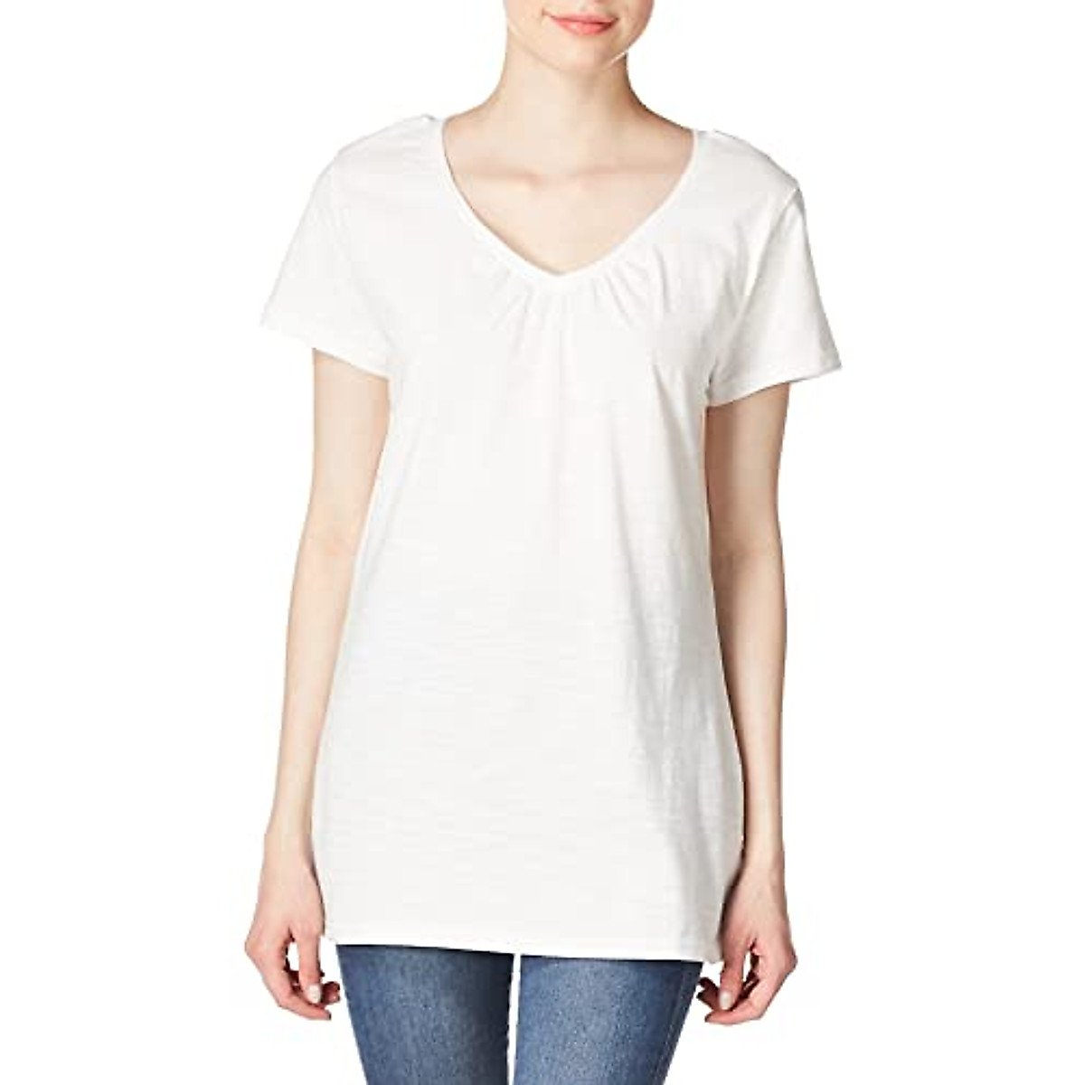 Hanes Women's Shirts, Slub Cotton Shirred V-Neck Tee, Cotton T-Shirts for Women, Women’s Tee Shirts