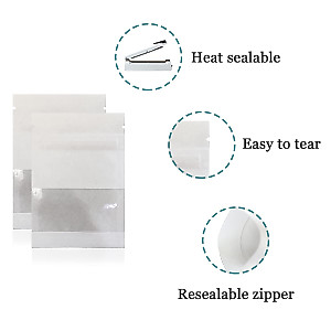 PABCK 100 Pack (Inner Size 2.36x2.36 inch) White Kraft Paper Resealable Bags with Clear Window Heat Seal Airtight Pouch for Zip Food Storage Lock Coffee Snack Packaging