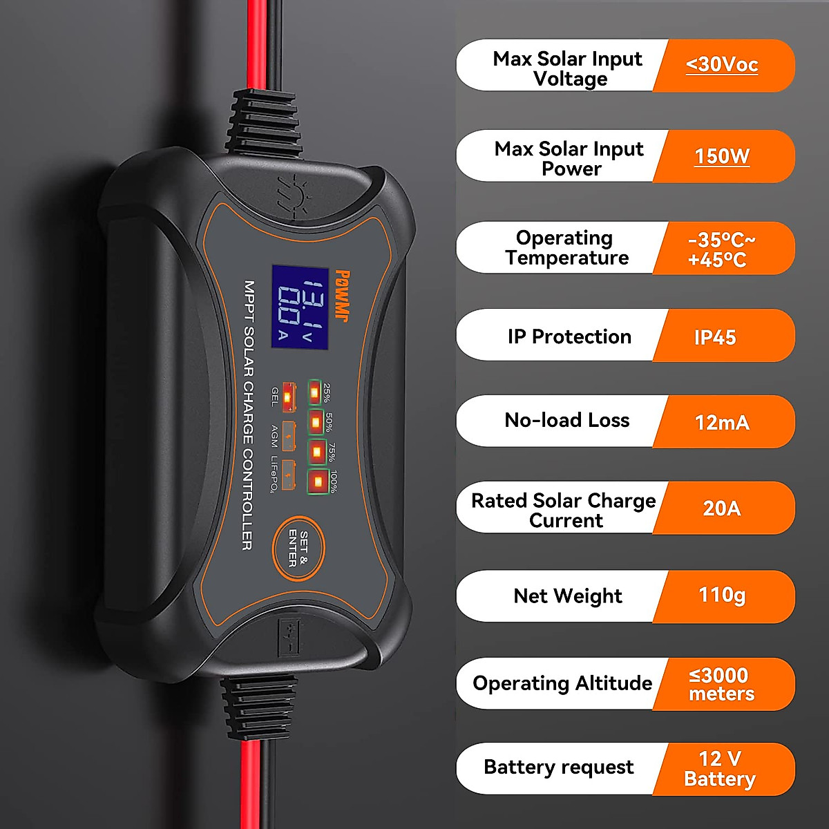 10A MPPT Solar Charge Controller 12V, PowMr 10 Amp 12 Volt Solar Panel Regulator with Digital LCD Display, Solar Intelligent Controller for 12V Lead-Acid, LiFePO4, Lithium Batteries