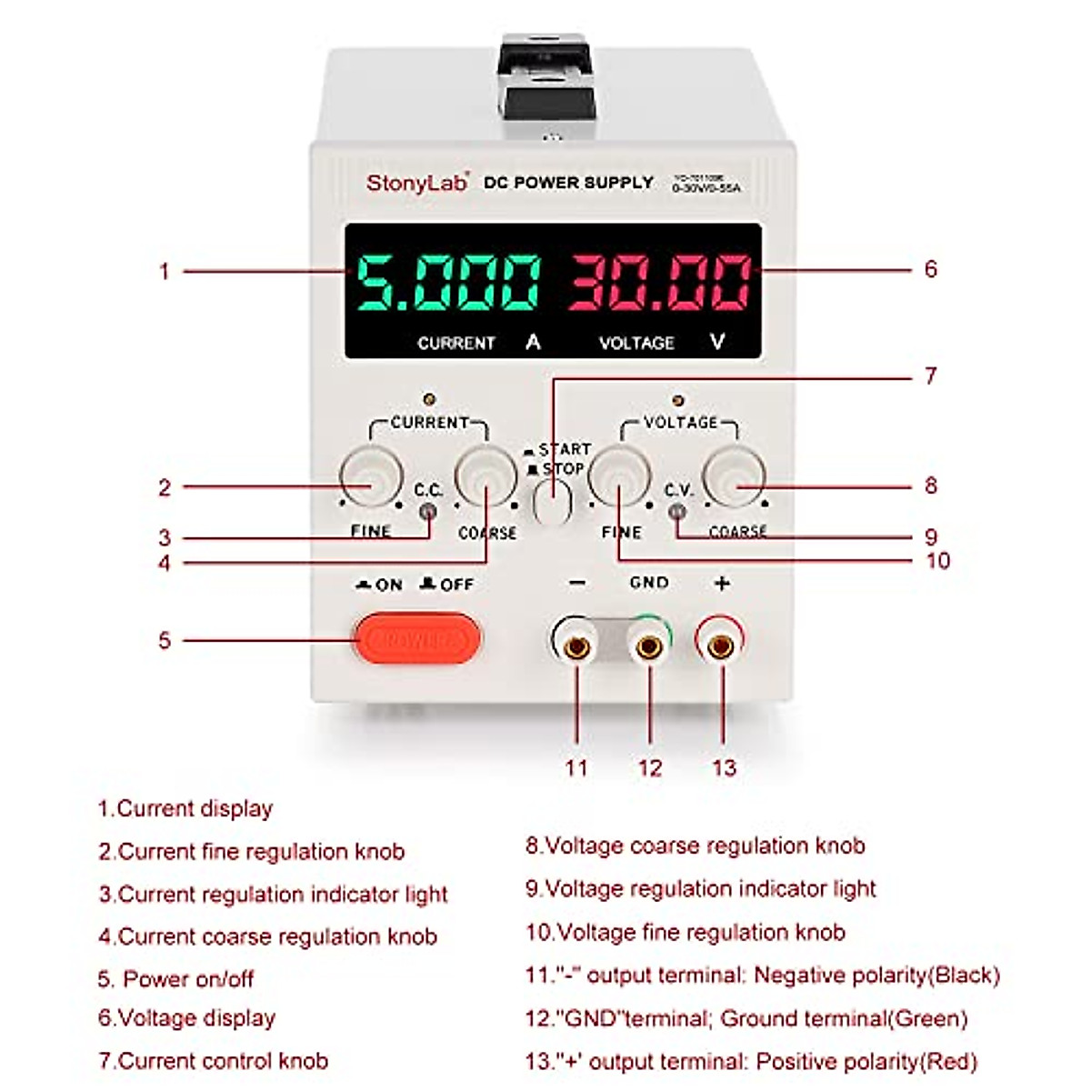 stonylab Digital DC Power Supply, 30V/5A Adjustable Single Output Switch Mode Regulated DC Power Supply for Bench Test Laboratory Research