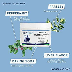 TrueBlue Parsley & Peppermint Fast and Fresh Dog Dental Swipes – Pre-Moistened Teeth Cleaning Pads - Non-Toxic, All-Natural Tooth Cleansing– 50 Count