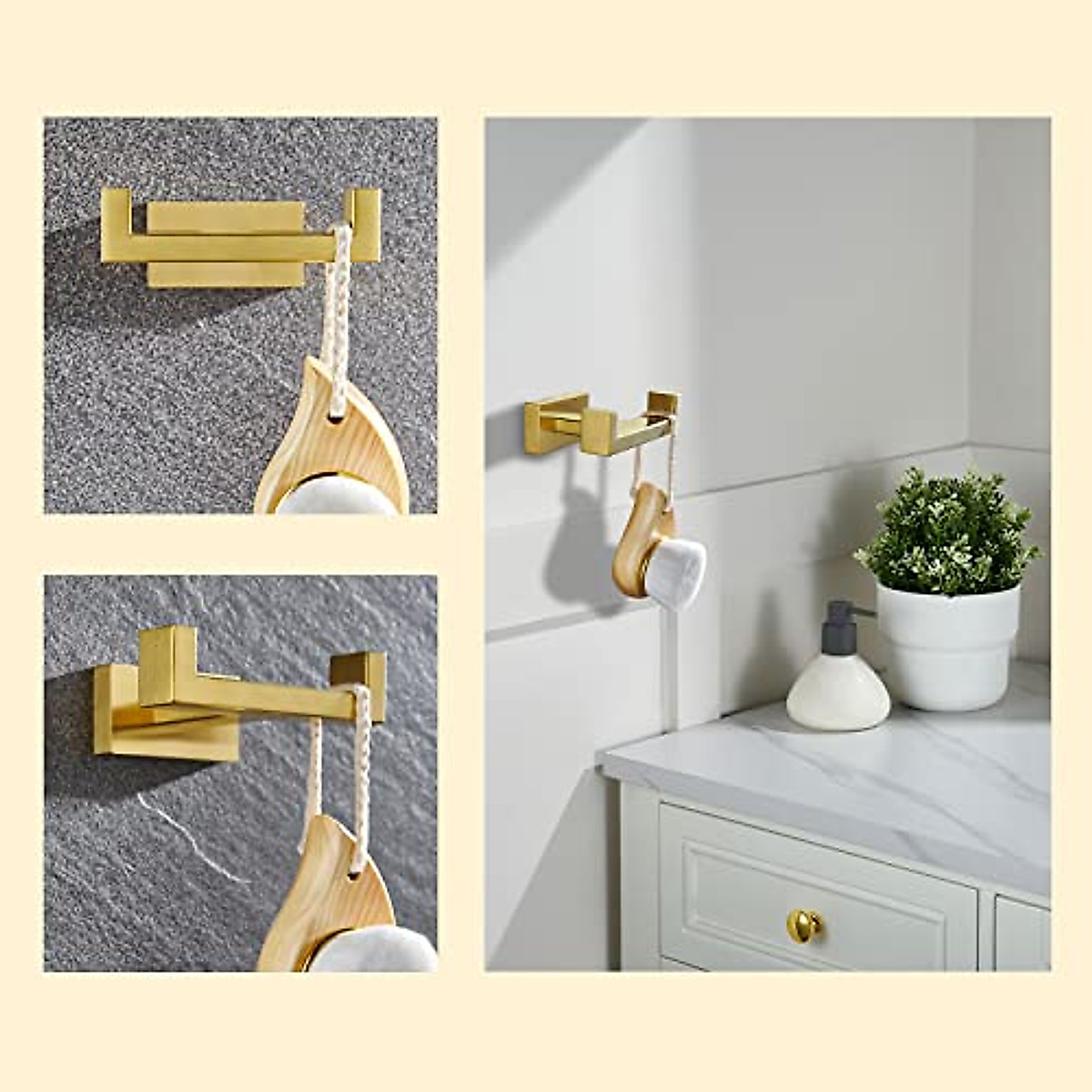 Suyar Double Towel Hook Brushed Gold, SUS304 Stainless Steel Square Coat Robe Holder, Bathroom Kitchen Towel Hanger, Wall Mounted