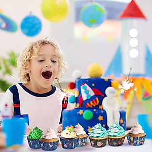 600 Pieces Space Adventure Cupcake Liners Outer Space Planet Rocket Astronaut Baking Cups Cupcake Wrappers Wraps Muffin Case Trays for Outer Space Theme Birthday Party Supplies