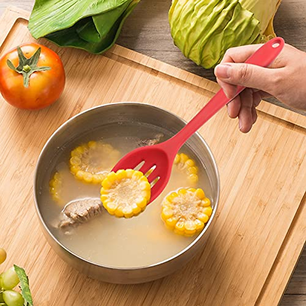 MJIYA Silicone Slotted Serving Spoon, Nonstick Mixing Spoon, Silicone Heat Resistant Kitchen Cooking Utensils Non-Stick Baking Tool Tongs ladle Gadget (Red)