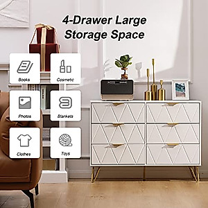Betterhood 6 Drawer Dresser,White Dresser for Bedroom, Wood Chest of Drawers with Diamond Board & Gold Metal Handles for Bedroom,Living Room,Closet Hallway (White)