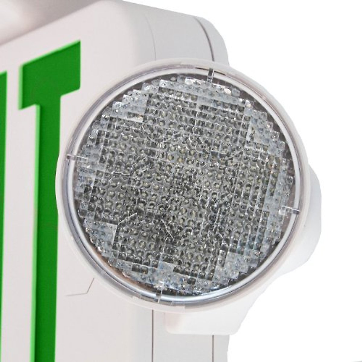 LFI Lights | Combo Green Exit Sign with Emergency Lights | White Housing | All LED | Two Adjustable Round Heads | Hardwired with Battery Backup | UL Listed | (1 Pack) | COMBOJR2-G