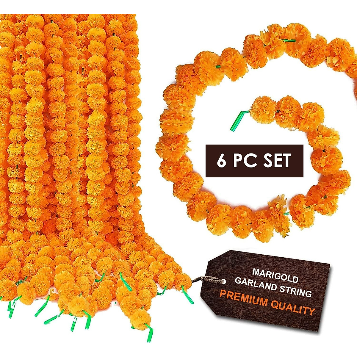 SATVIK 6 PC (5feet/60 inch) Artificial Marigold Flowers Garland for Puja Indian/American Indoor/Outdoor Party Decoration for Diwali, Christmas, Wedding, Halloween, Mantle, Spring Bush Faux Orange