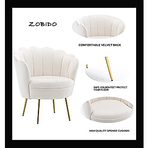 ZOBIDO Modern Accent Velvet Chairs Comfy Upholstered Vanity Chairs for Bedroom Armchair Dining Chairs with Golden Metal Legs Desk Chair Makeup Chairs for Living Room (White)