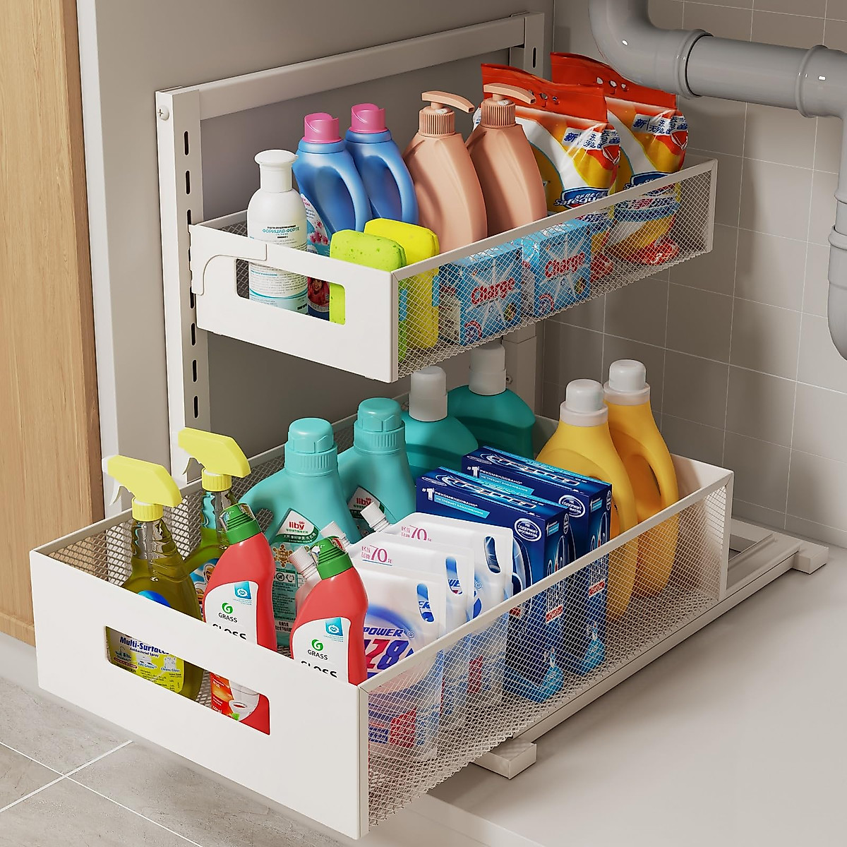 Under Sink Organizer and Storage Adjustable Height 2 Tier Bathroom Organizer Pull Out Cabinet Organerkitchen organizers and storage fridge organizers and storage,White,XL-1 Pack