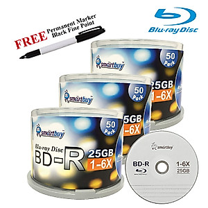 Smartbuy 150-disc 25GB 6X BD-R Blu-Ray Logo Top Blank Media Record Disc + Black Permanent Marker