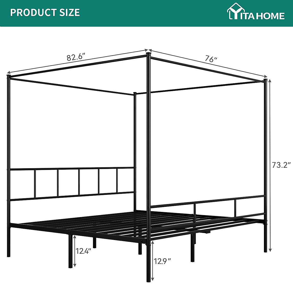 YITAHOME Queen Size Bed Frame, Metal Canopy Four Poster Bed Frame with Built-in Headboard Strong Metal Slat Mattress Support, No Box Spring Needed, Black