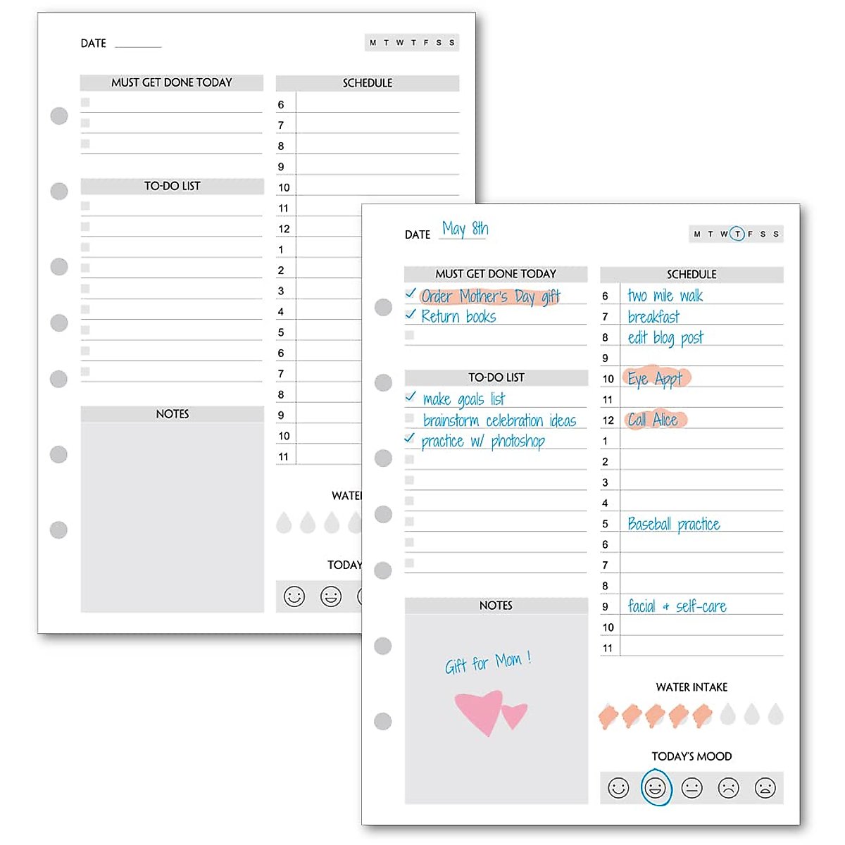 To Do List Paper Undated with Daily Schedule, Day Priorities, Notes and Water Tracker, 7-Hole Punches, 5.5"x8.5"