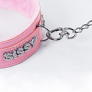paloli Pink Choker Necklace for Women Leather Collar Fluffy Punk Leash Neck Choker Gothic Cosplay Sexy Jewelries
