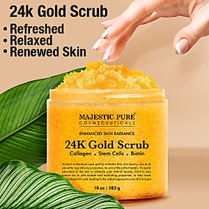 MAJESTIC PURE 24k Gold Scrub with Collagen and Biotin | Exfoliating Body Scrub for Skin Care, Stretch Marks, Acne, Cellulite | Body Scrub Exfoliator |10 oz
