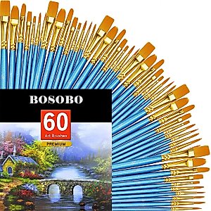 BOSOBO Paint Brush Sets, 6 Pack 60 Pcs Pointed-Round Tip Paintbrushes Nylon Hair Artist Acrylic Paint Brushes for Acrylic Watercolor Oil, Face Art, Model, Miniature Detailing & Rock Painting, Blue