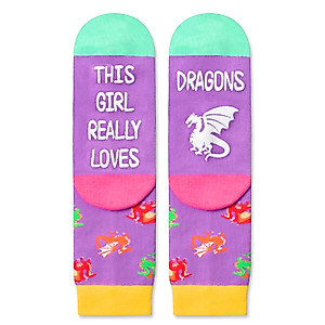 HAPPYPOP Crazy Dragon Gifts for Girls Kids, Silly Kids Girls Socks Dragon Girl Socks Dragon Stuff, Kids Socks for Girls 7-9 Years Old