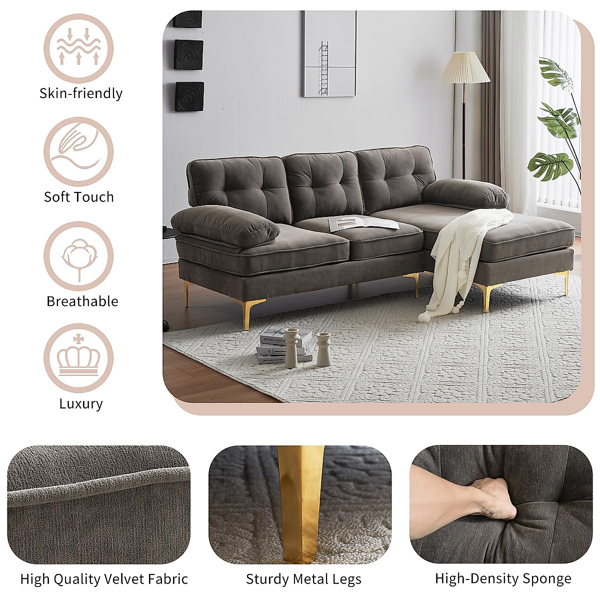 P PURLOVE Sectional Sofa, Velvet L-Shape Sofa with Chaise Lounge, Modern L-Shape Couch for Living Room, Small Spaces (Brown)
