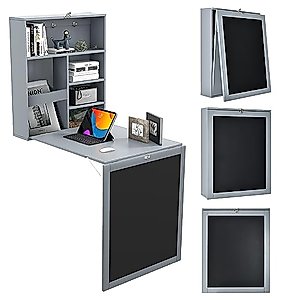 IFANNY Folding Wall Desk, Wall Mounted Fold Out Desk with Storage Shelves & Hooks, Hideaway Desk Wall Mount with Chalkboard, Floating Corner Desk for Small Spaces (Gray)