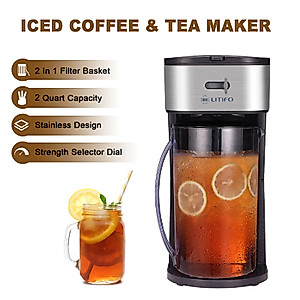LITIFO Iced Tea Maker and Iced Coffee Maker Brewing System with 2-quart Pitcher, sliding strength selector for Taste Customization, Stainless Steel (Blue)