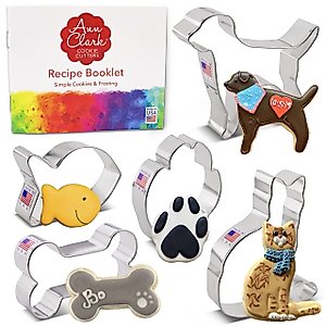 Pet Cookie Cutters 5-Pc. Set Made in the USA by Ann Clark, Paw Print, 4" Bone, Labrador, Curled Cat, Goldfish