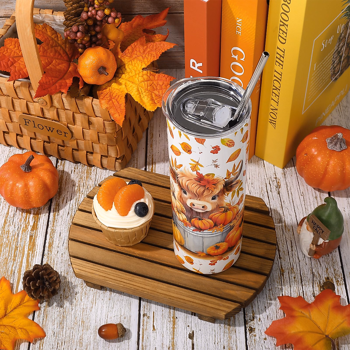 Whaline Highland Cow Tumbler with Lid and Straw Fall Pumpkin Leaves Cow Stainless Steel Cup Autumn Tumbler Cup for Fall Thanksgiving Decor Gift Supplies