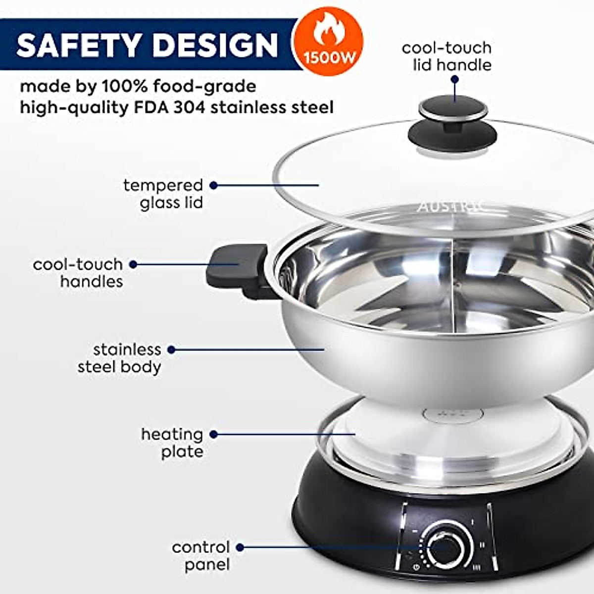 Austric Electric Shabu Shabu Hot Pot, 304 Stainless Steel Hot Pot with Divider Electric pot with Tempered Glass Lid for Party, Family Gathering,5L large capacity… (HS-160BU-Classic)