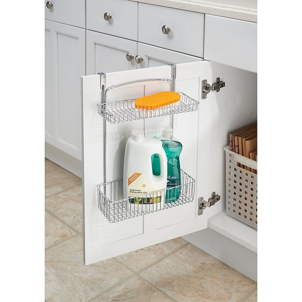 mDesign Steel Over Cabinet Kitchen Storage Organizer Holder or Basket - Hang Over Cabinet Doors in Kitchen, Pantry, Bathroom - Holds Dish Soap, Window Cleaner - Concerto Collection - Chrome
