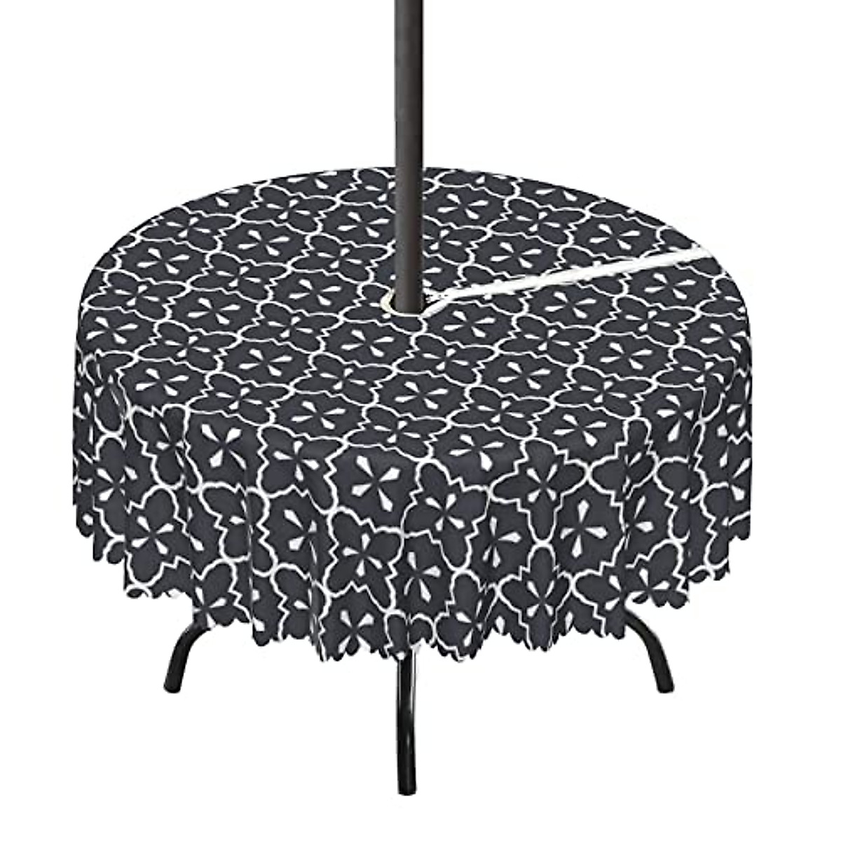 Damask Pattern round outdoor tablecloth,Round Tablecloth with Umbrella Hole and Zipper for Patio Garden,Waterproof Spill-Proof,for Camping, Picnic, Spring, Patio, Party(72" Round,Grey and White)