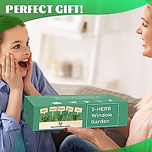 Indoor Herb Grow Kit, 5 Herb Seeds Garden Starter Kit with Complete Planting Kit & Wooden Flower Box, Growing into Basil, Parsley, Rosemary, Thyme, Mint for Kitchen Windowsill Herb Garden DIY