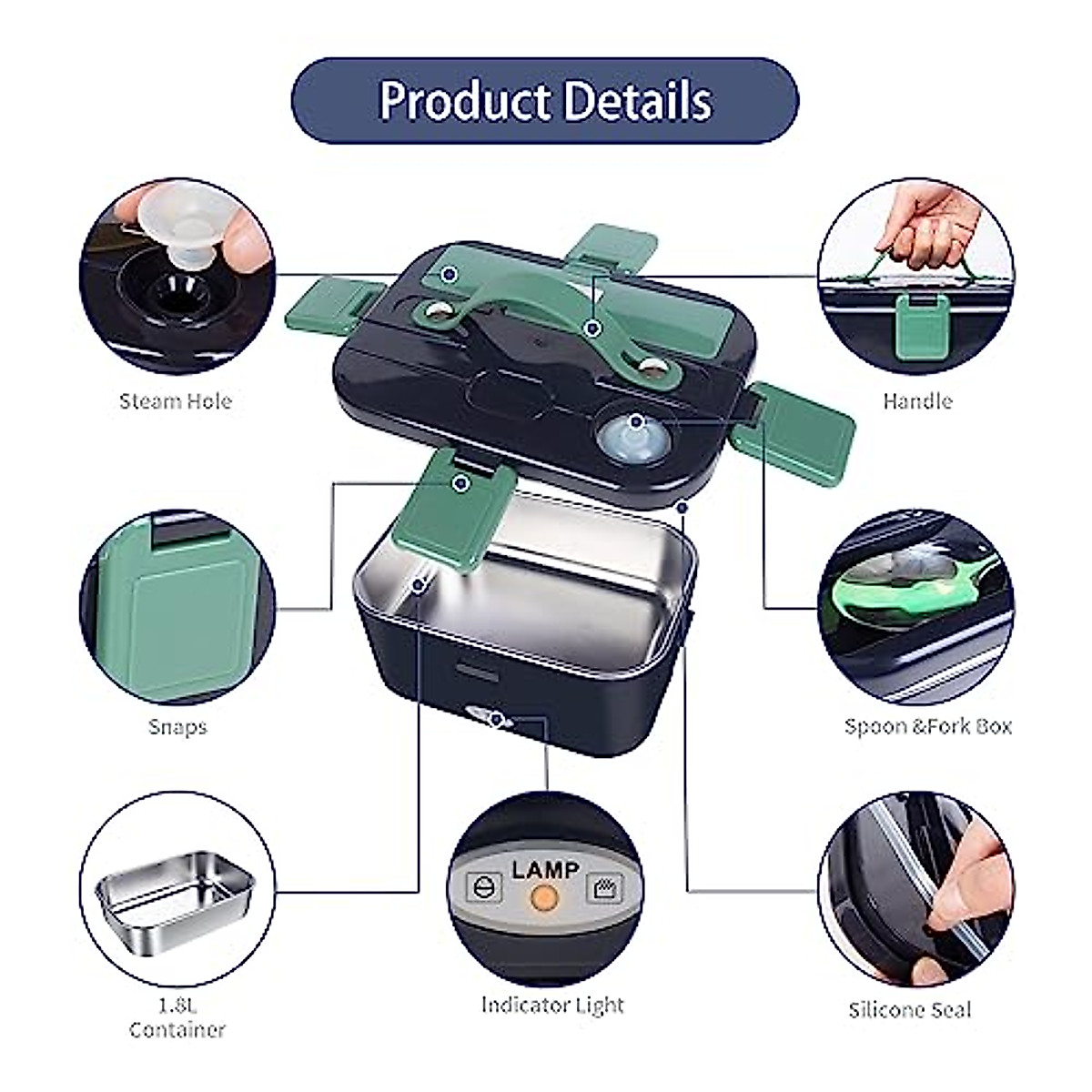 NZN Electric Lunch Box Food Heater,1.8L Leakproof Food Warmer Heating Lunch Box, Portable Heated Lunch Boxes for Adults/Car/Truck/Home/Work, 12V 24V 110V 80W (Blue & Green)