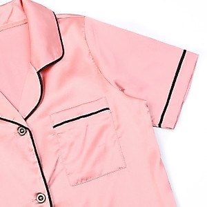 QPANCY Unisex Satin Pajamas Set Short Sleeve 2 Piece Sleepwear Button-Down Kids Nightwear Little Girls Boys Rose Silk Pjs Size 6 7