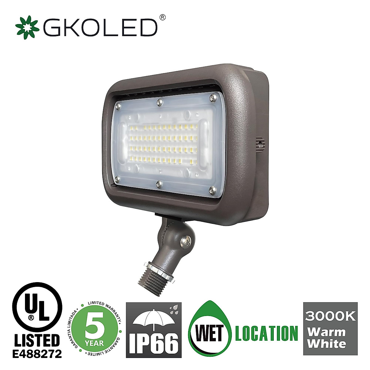 GKOLED 45W Outdoor Security LED Flood Lights 120-277V, Waterproof, 150W PSMH Equivalent, 5400 Lumens, 5000K Daylight White, 70CRI, UL-Listed, 1/2" Adjustable Knuckle Mount