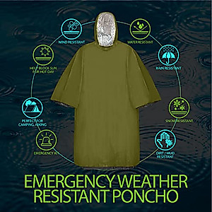 FosPower Emergency Rain Poncho [4 Pack] [Retains 90% Body Heat] Reusable Weather Resistant Raincoat for Men, Women, Adults, Camping, Hiking, Emergency Supplies & Survival Kits (Green + Orange)