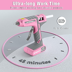 WORKPRO Full Size Cordless Hot Melt Glue Gun - 12V Rechargeable Fast Preheating Glue Gun Kit with 15pcs Full Size Glue Sticks, Auto Power-off Glue Gun for DIY Project, Art, Craft - Pink Ribbon
