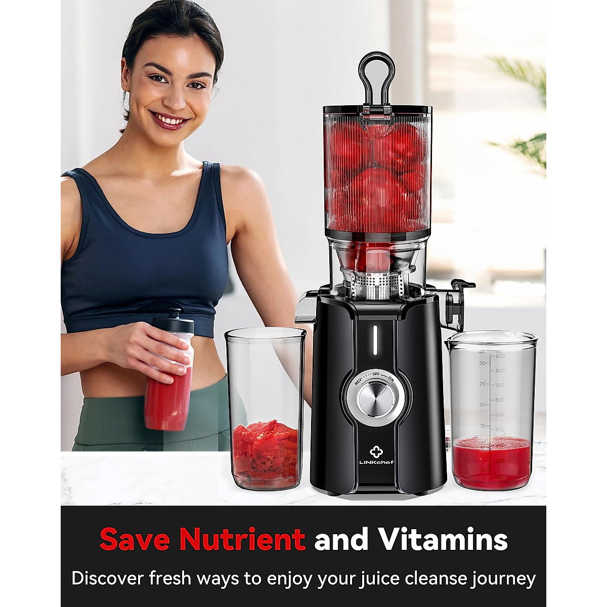 Rush Clear Slow Masticating Juicer Machines, Cold Press Juicer with No-Prep 4.35" Feed Chute Fit Whole Fruits & Vegetables Juicer Machine Easy to Clean, LINKChef 42oz Capacity, 200w, Blackout