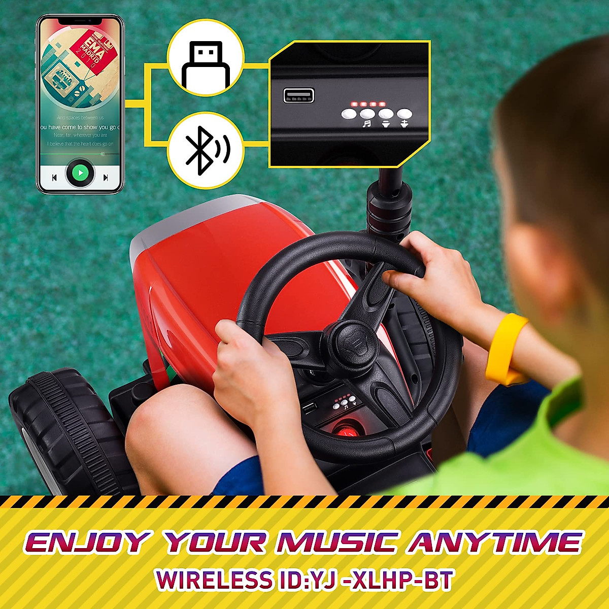 Kids Ride on Tractor with Remote Control, 12V Battery Powered Electric Tractor for Kids Bluetooth Music/USB, 3-Gear-Shift, Safety Belt, 25W Dual Motors, 7-LED Lights