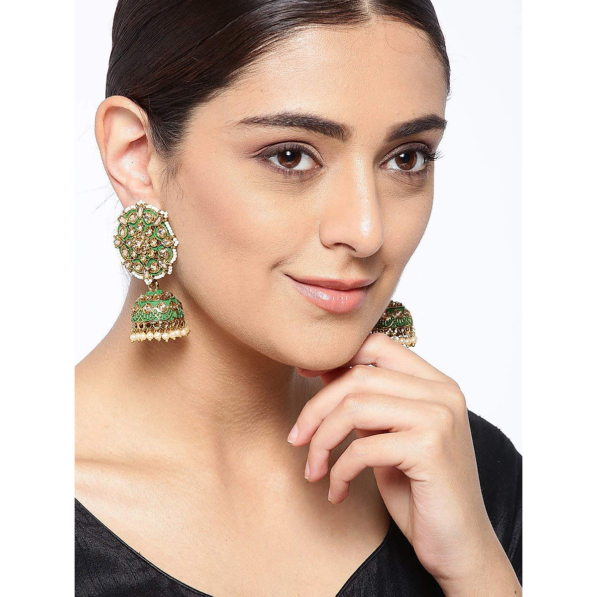 Priyaasi Green Traditional Indian Jhumka Earrings for Women | Fashionable Floral Design | Stone Studded | Pearl Drop | Gold Plated | Earrings for Women with Pushback Closure | Ethnic Bridal Earrings